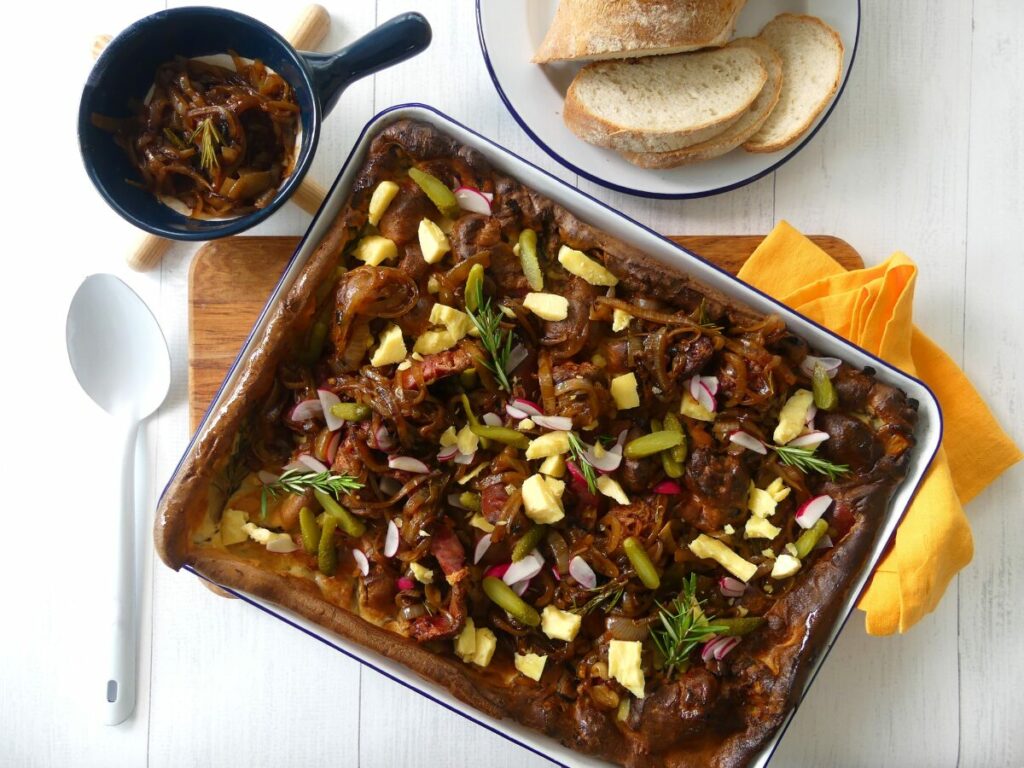 Toad in the Hole w Cheese Bratwursts and Ploughman's Platter Topping